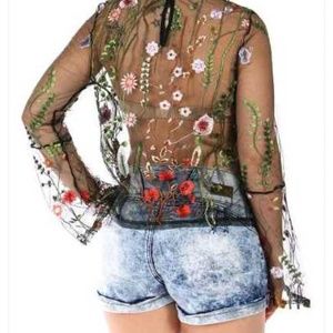 Tops | New Floral Embroidery Mesh Flared Sleeve Top | Poshmark